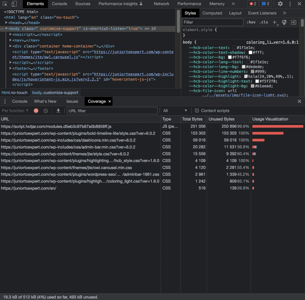 Coverage Unused JS & CSS Codes - Junior to Expert